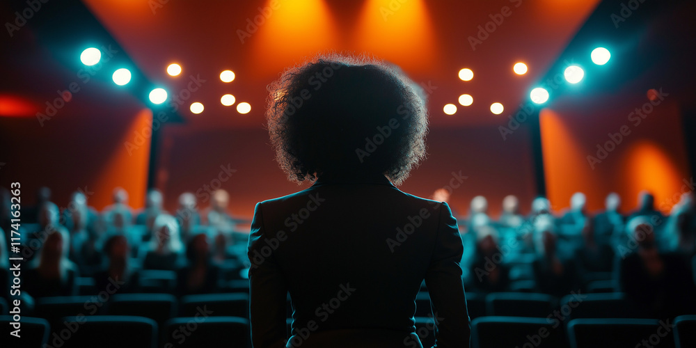 Foto de Stock A backlit silhouette of a woman speaker stands before a large, blurry audience in ...
