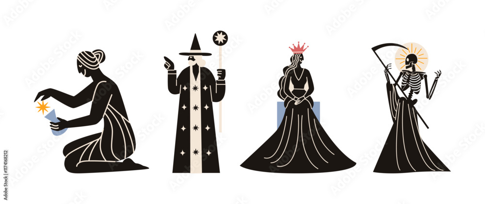 Mythical creatures and characters. Magic mascots: magician, god, queen ...