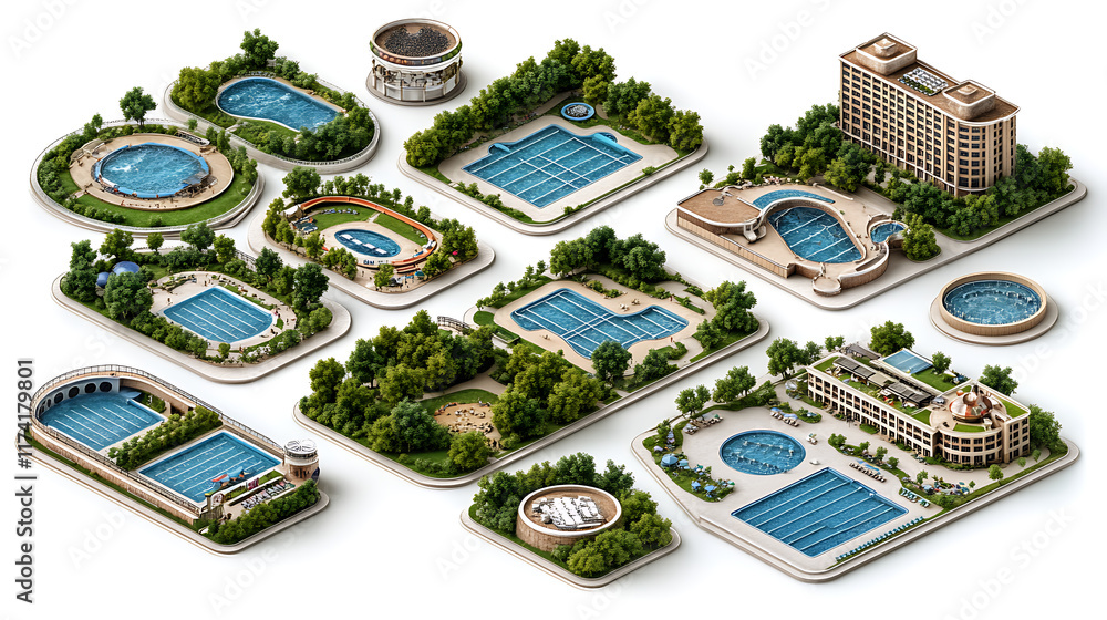 Isometric view of various swimming pools, showing different sizes ...