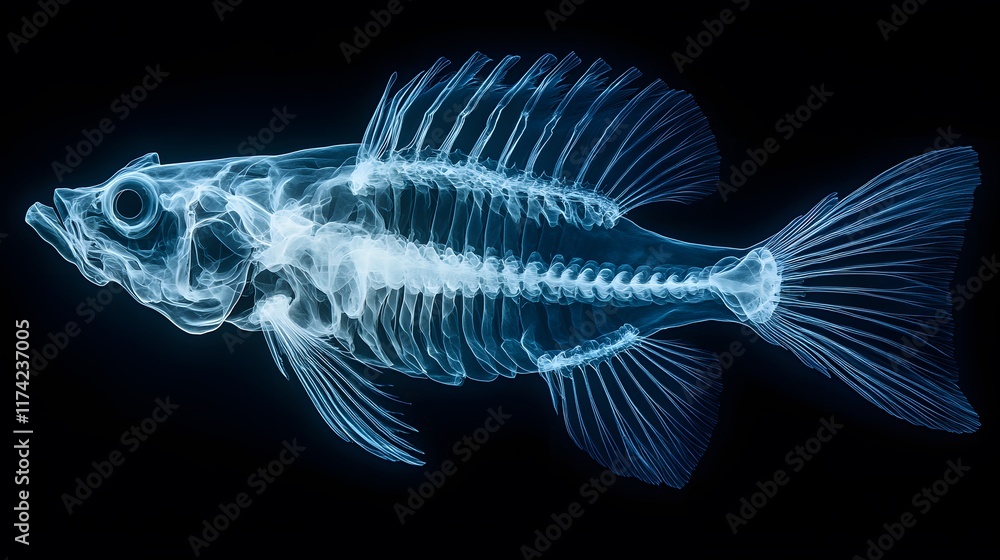 X-ray fish reveals glowing skeletal structure against black background ...