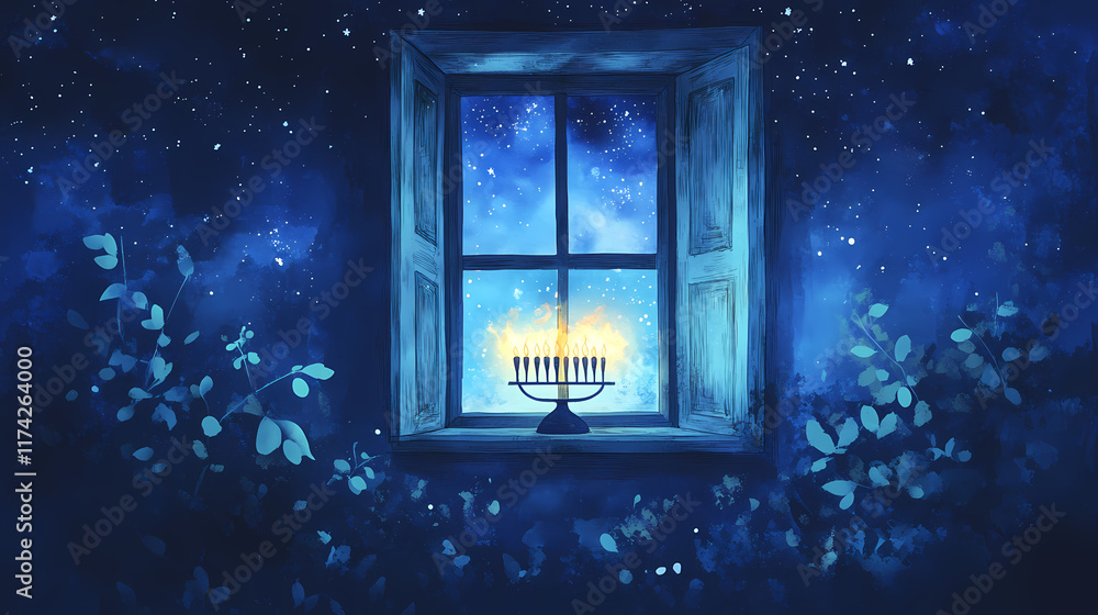 A Nighttime Dream: The soft glow of a menorah illuminates the night ...