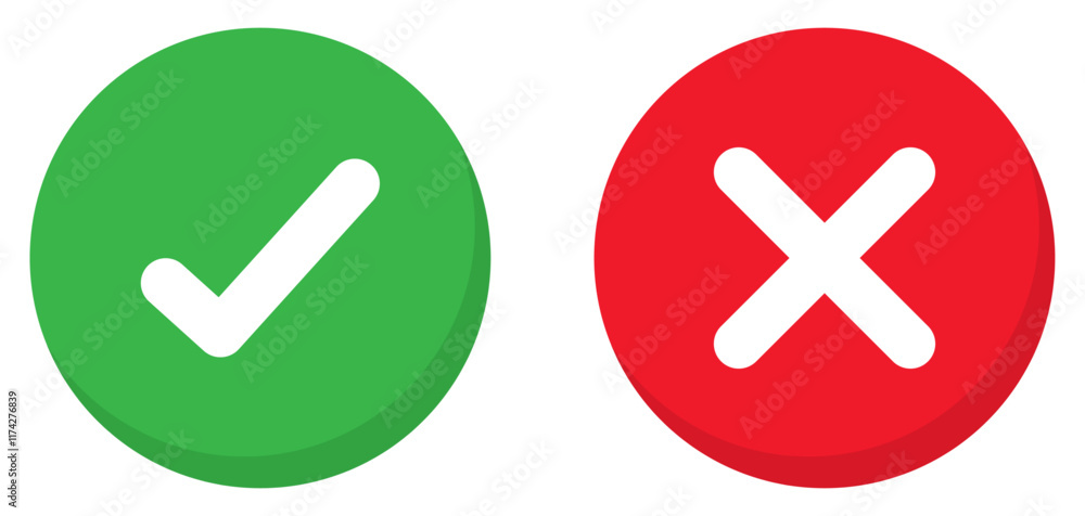 Green check mark and red cross mark icon set. Isolated tick and cross ...