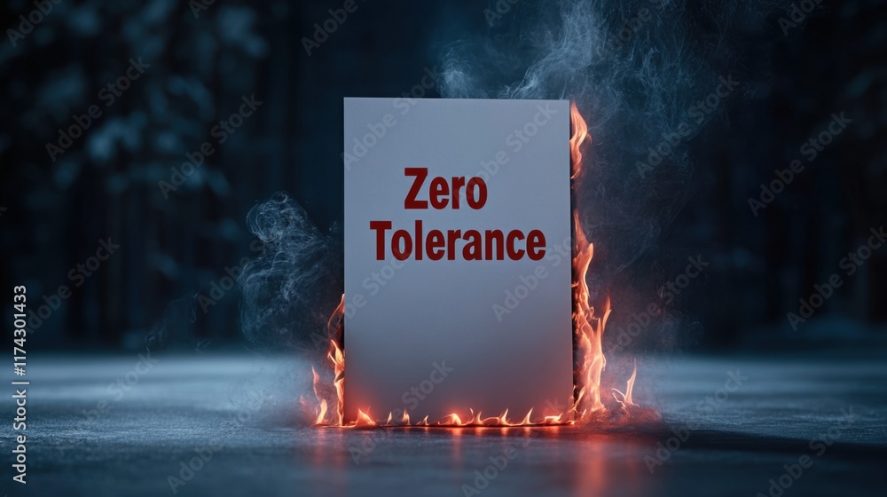 Impactful Message of Zero Tolerance Displayed on Fiery Sign in a Dark ...