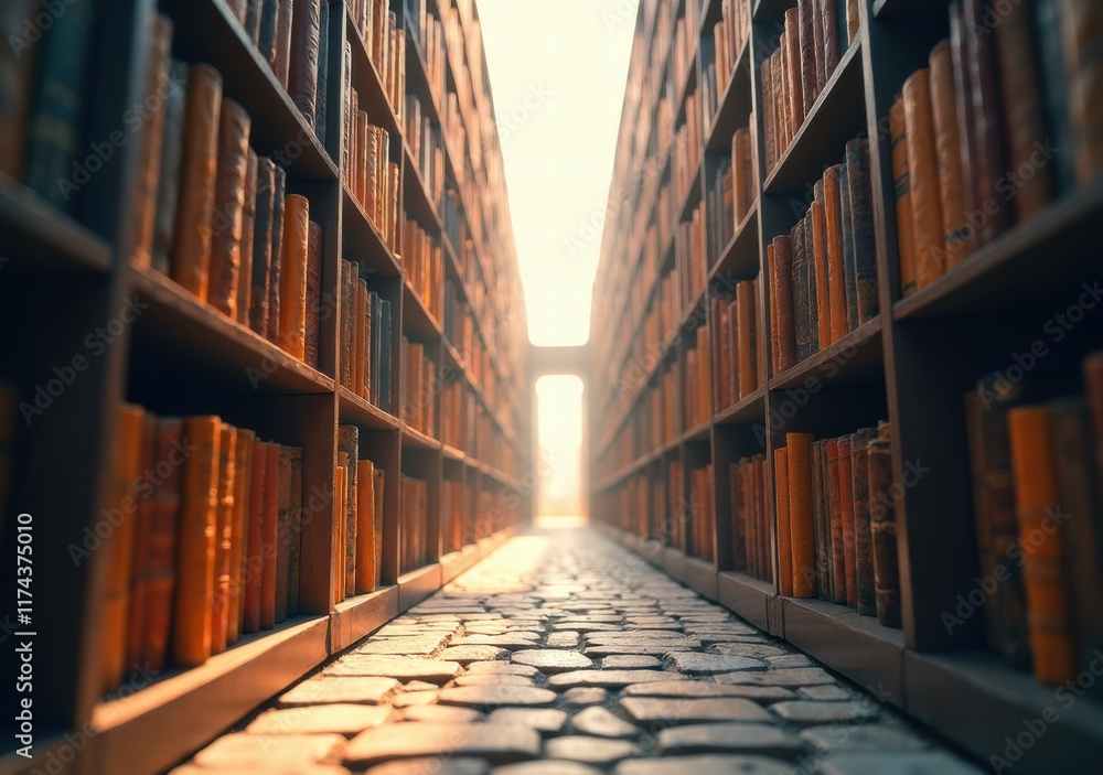 Interior view of a long, narrow library corridor filled with wooden ...