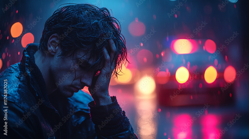 A drunk driver is hiding his face from the lights of a police car after ...