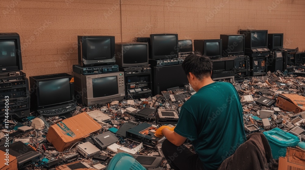 E waste Recycling Person Sorting Discarded Electronics CRT TVs Stock ...