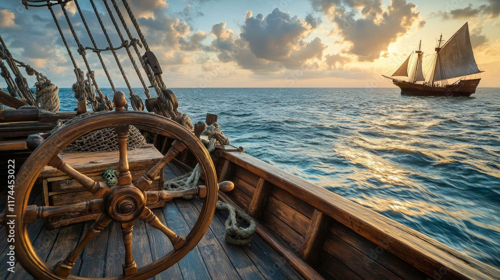 Old pirate ship deck view with steering wheel background. Wood sail ...