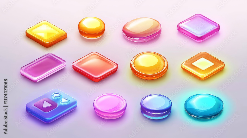 Colorful game interface buttons with candy like glossy appearance ...