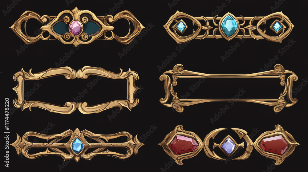 Set of square ui game frames, textured medieval borders of gold metal with gems. Cartoon empty ...