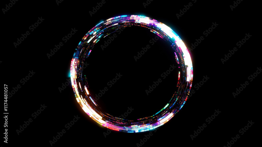 Neon glowing circle frame with glitch effect on black background ...