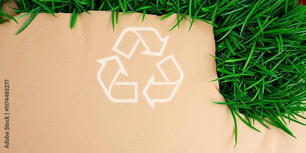 Recycling symbol cut out of kraft paper on lush green grass top view ...