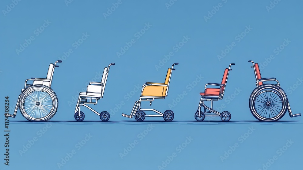 Five wheelchair types illustrated in a row on a blue background. Stock ...