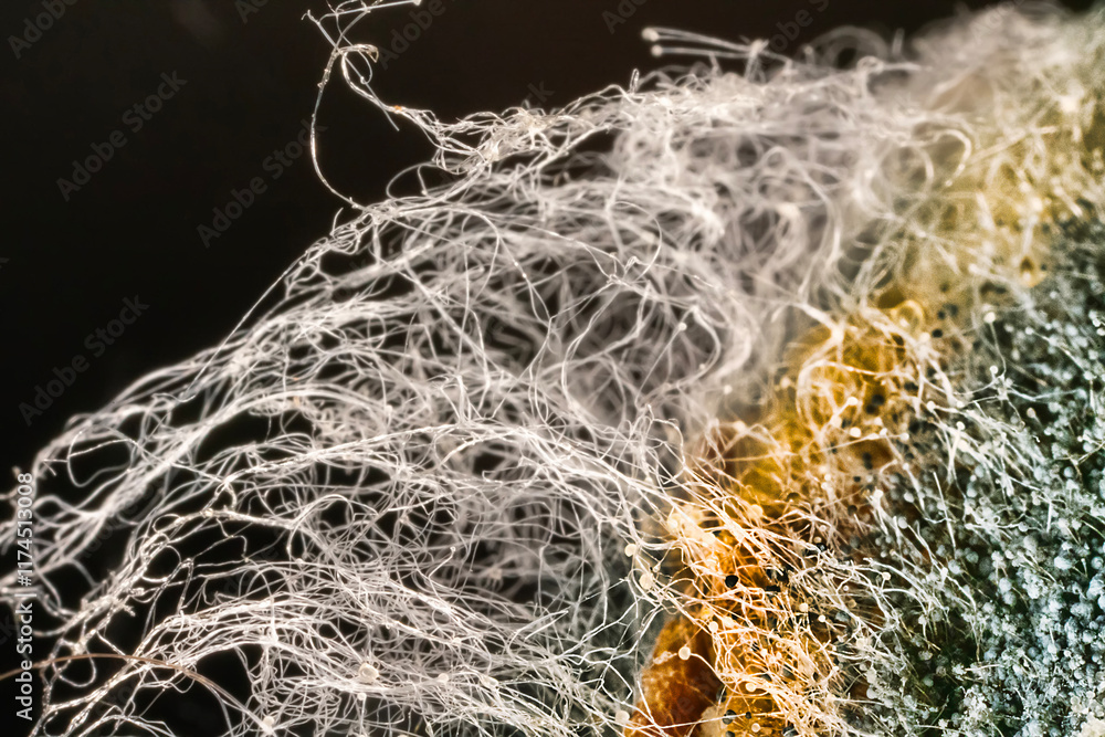 Penicillin and aspergillum mold on bread. Colonies of species of mold ...