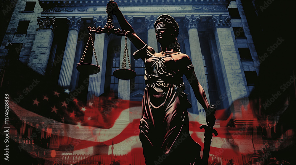 Lady Justice statue stands in front of a grand courthouse with an ...