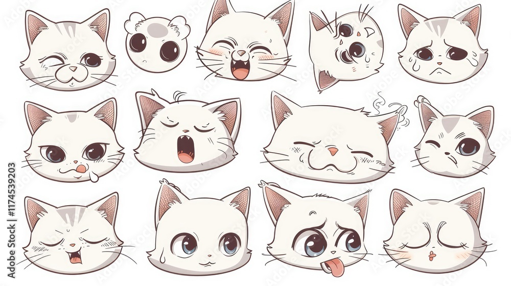 Kawaii cats various emotions: happy, love, kiss, angry, crying ...