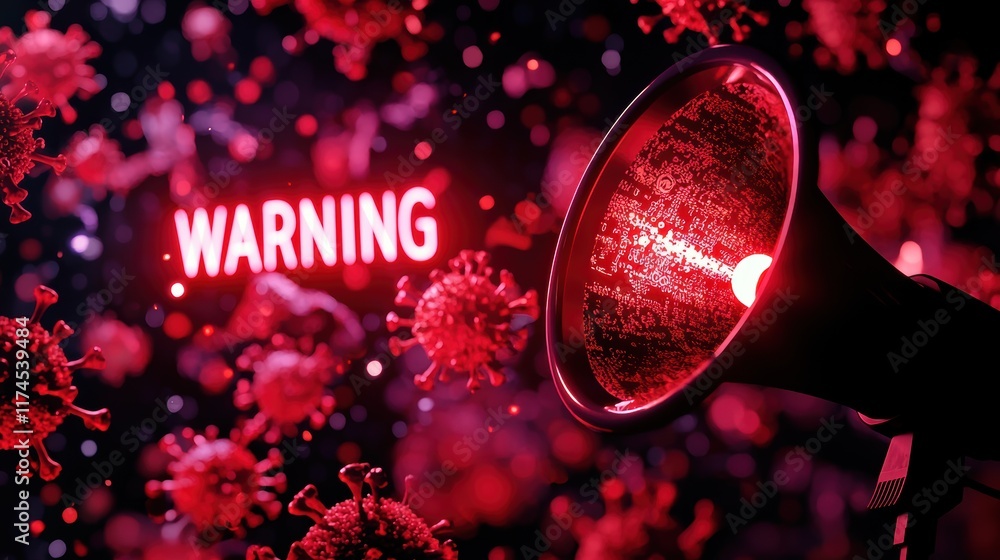 A red warning light shines from a megaphone amidst a backdrop of ...