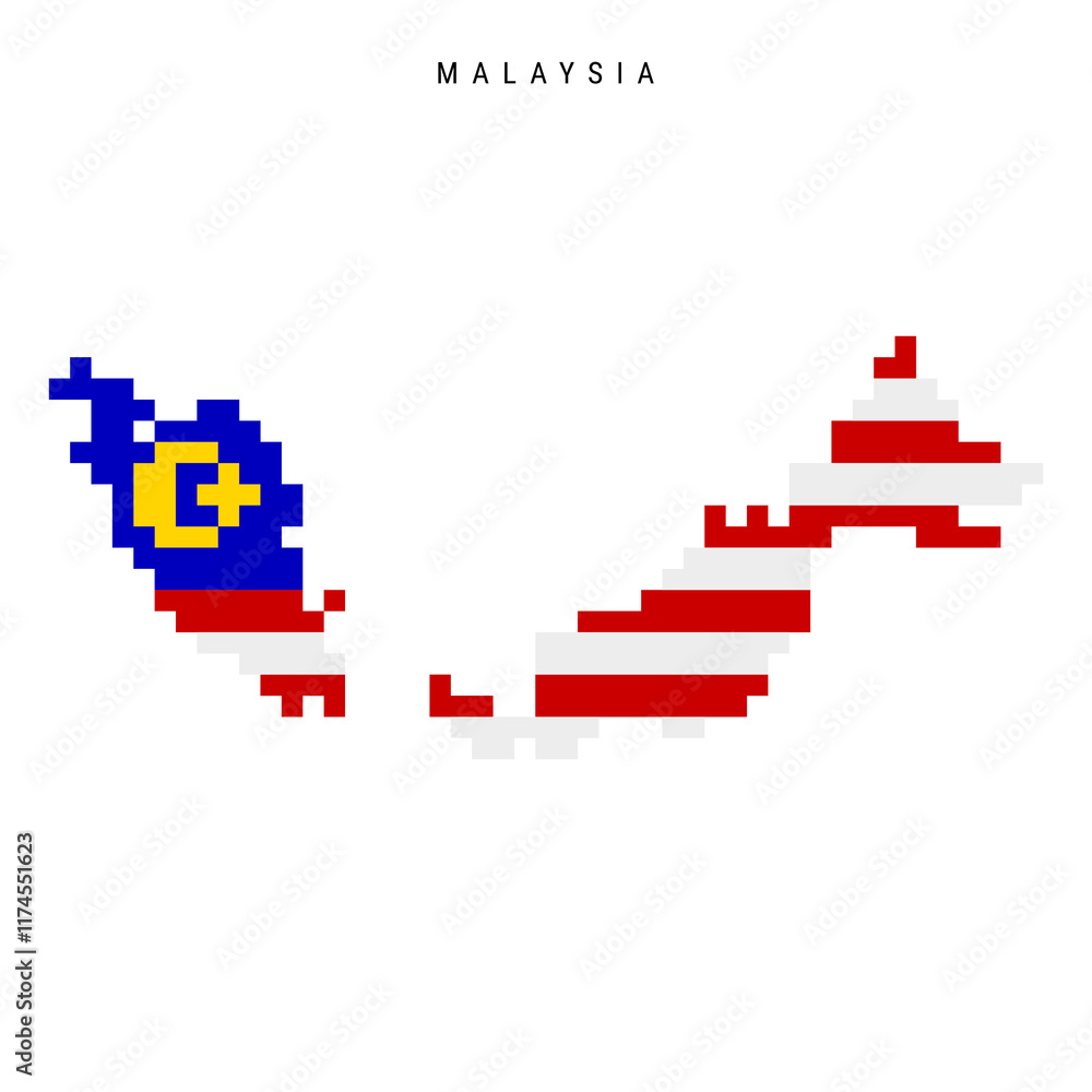 Malaysia pixel flag map icon. 8 bit pixel art Malaysian map covered ...