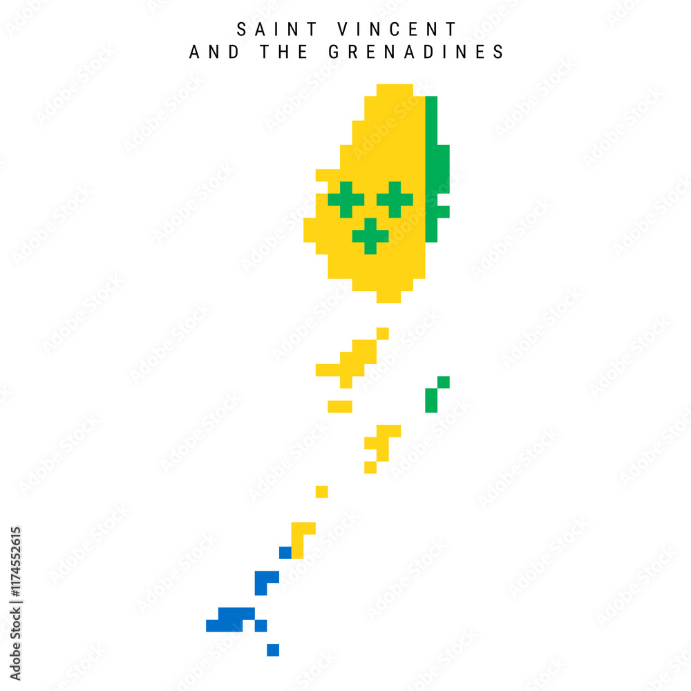 Saint Vincent and the Grenadines pixel flag map icon. 8 bit pixel art ...