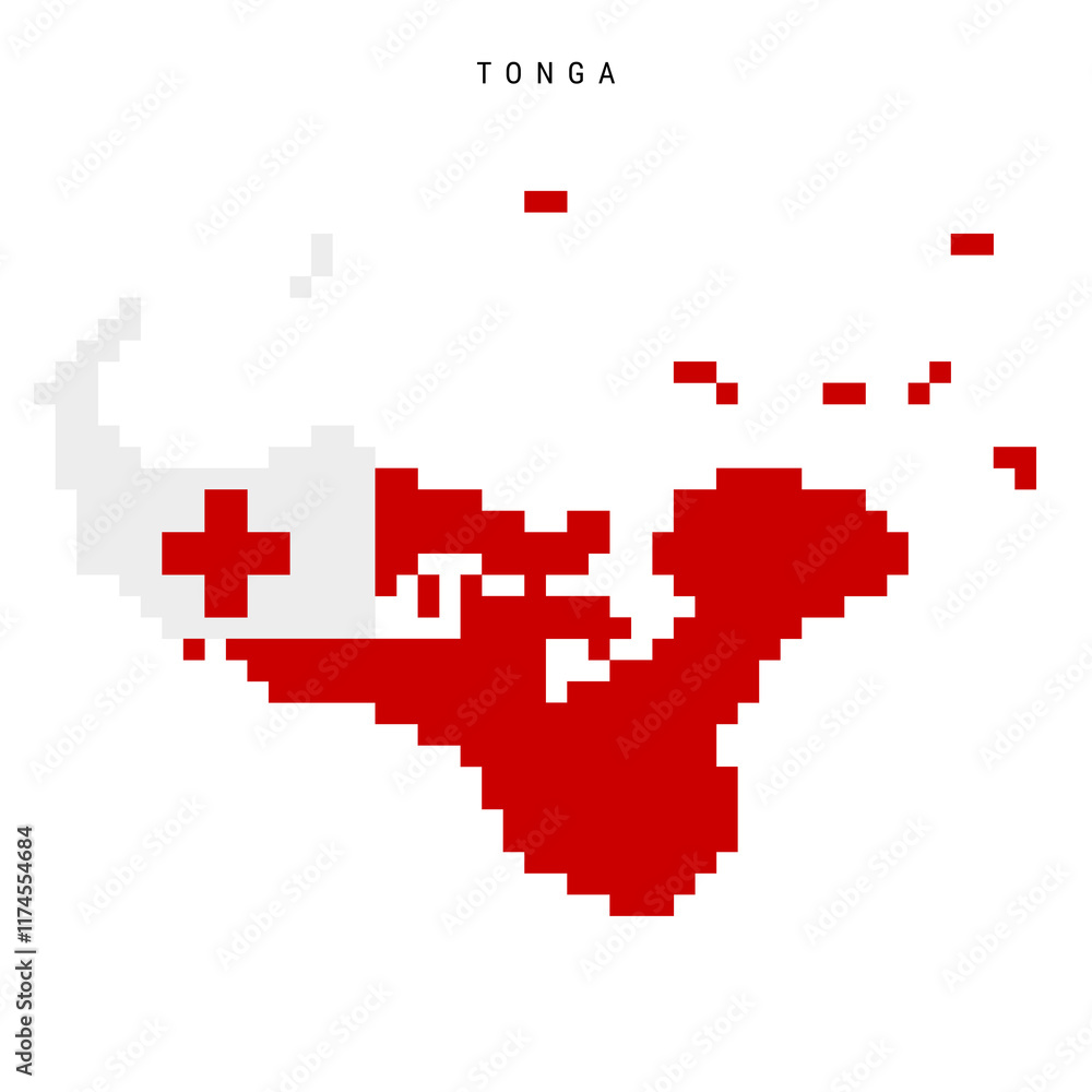 Tonga pixel flag map icon. 8 bit pixel art Tongan map covered with flag. Flat vector ...