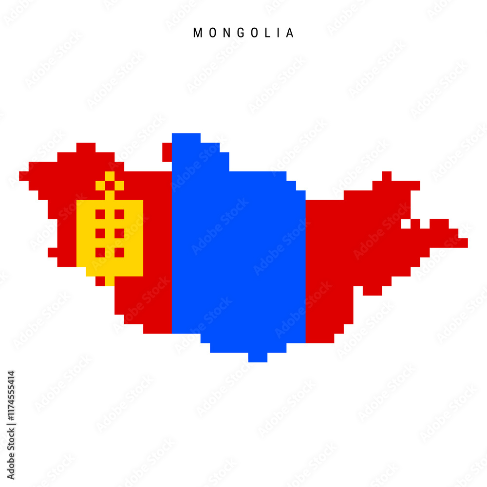 Mongolia pixel flag map icon. 8 bit pixel art Mongolian map covered with flag. Flat vector ...