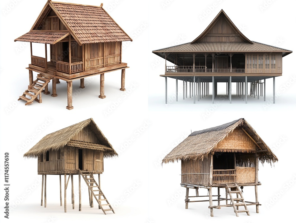 Four types of stilt houses, Asian architecture. Stock Photo | Adobe Stock