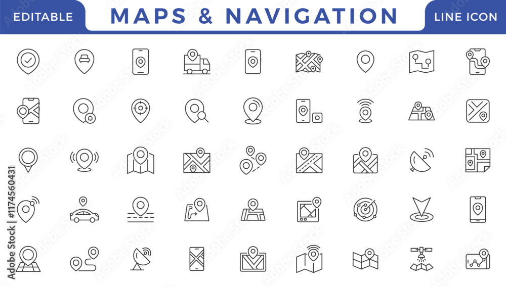 Maps and Navigation icon set illustration with map, navigation, gps, compass, directions, route ...