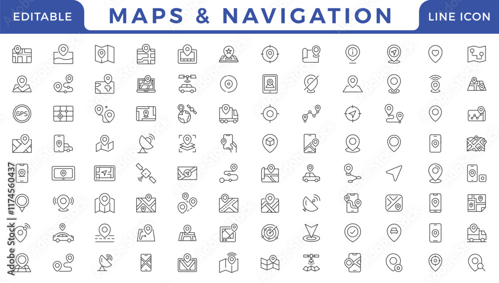 Maps and Navigation icon set illustration with map, navigation, gps, compass, directions, route ...