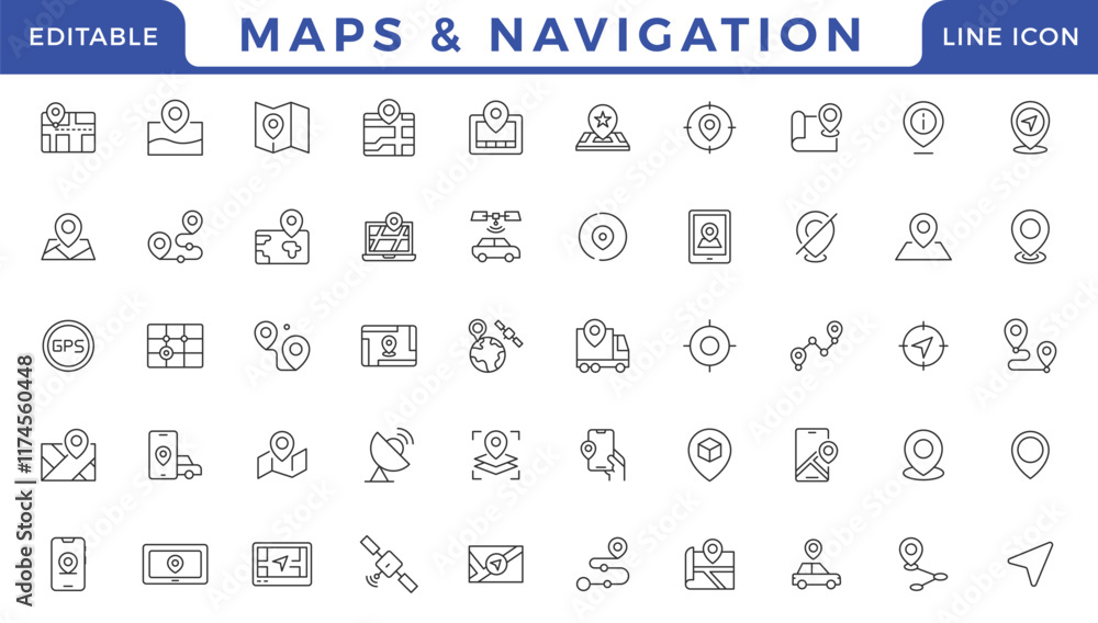 Maps and Navigation icon set illustration with map, navigation, gps, compass, directions, route ...