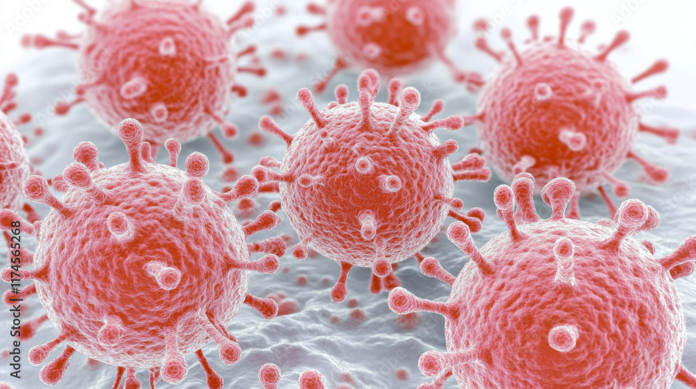 Microscopic view of red virus particles on textured surface, showcasing ...
