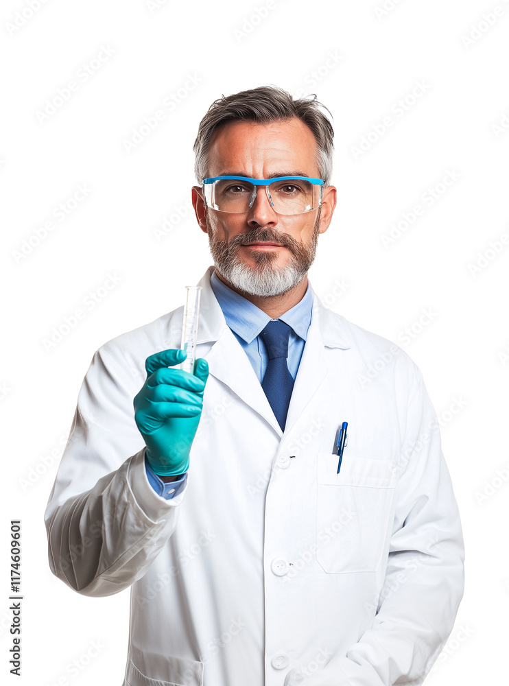 mature male scientist wearing lab coat, safety glasses, and gloves ...