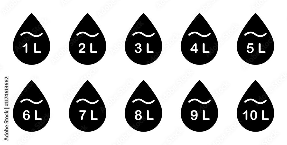 Liter icon set from 1 to 10. Fluid volume in liters. Capacity of oil ...