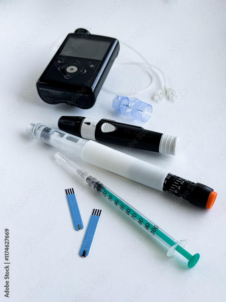 Diabetes management tools, insulin pump, pen, syringe, and test strips ...