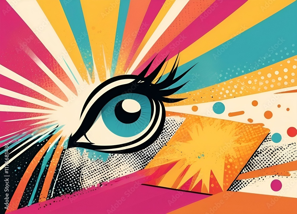 Vibrant Pop Art Eye: Teal Iris Framed by Radiating Streaks of Bright ...