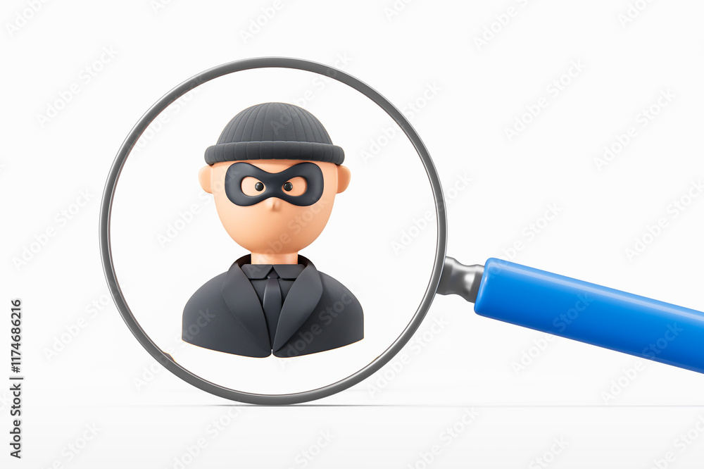 Cartoon thief under magnifying glass on white background, concept of ...