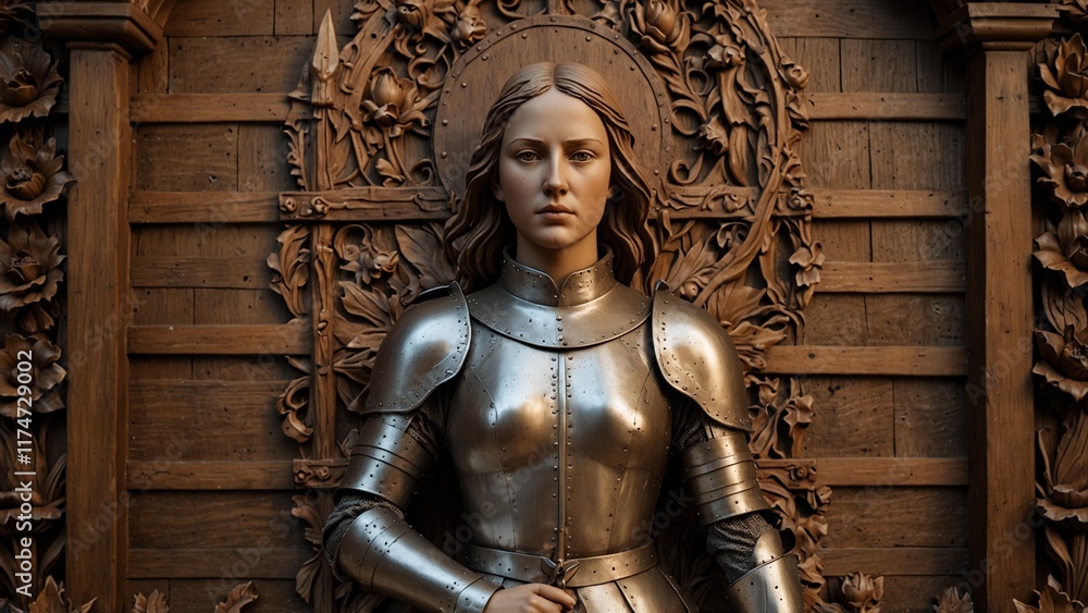 A bold wooden carving of Joan of Arc, depicted with a sword and shield ...