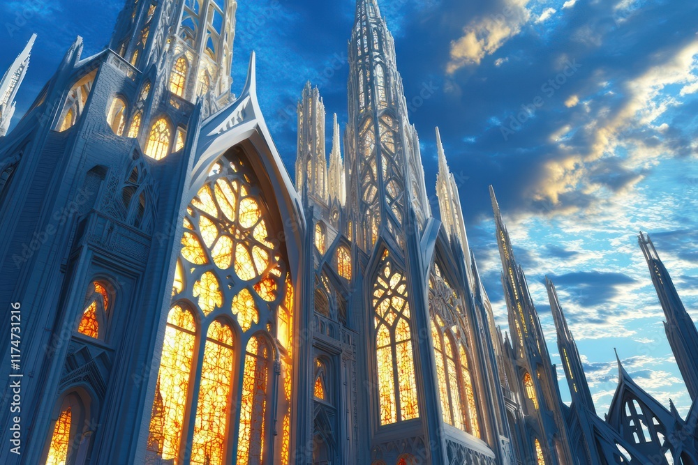 A modern interpretation of a Gothic cathedral, featuring sharp spires ...