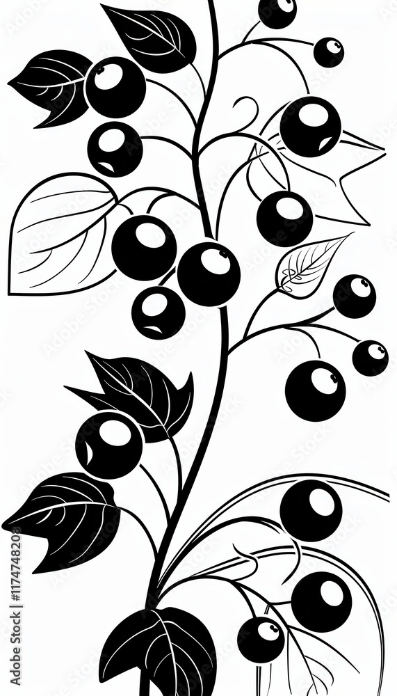 Black and white stylized drawing of a berry vine. Ideal for nature-themed designs or simple ...