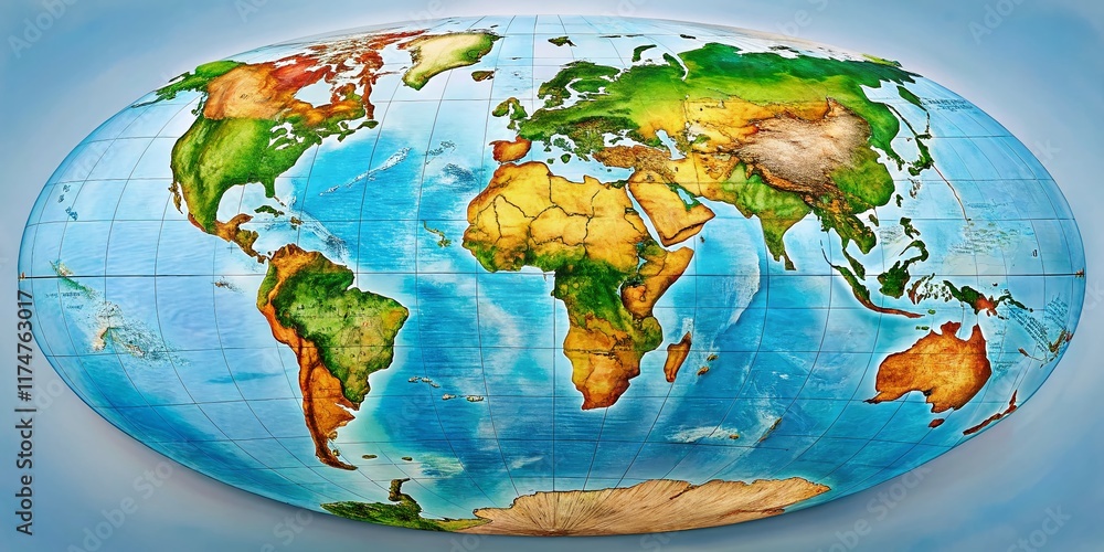 Azimuthal Projection World Map, Global Geography, Spherical Cartography ...