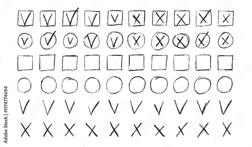 Set of checkboxes. Tick and check marks pack. Cross and v sign pencil ...
