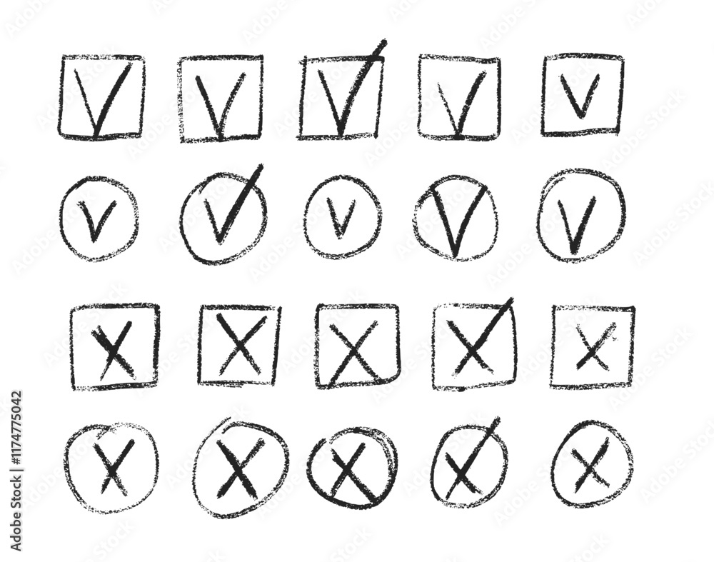 Set of checkboxes. Tick and check marks pack. Cross and v sign pencil ...