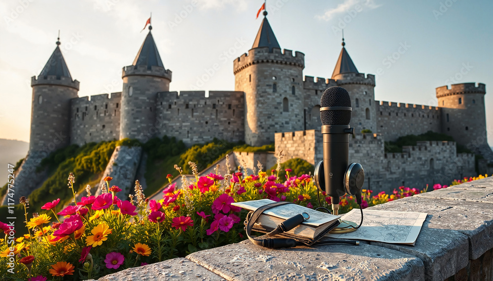 Classic tour headset with microphone on a stone bench with a guidebook ...