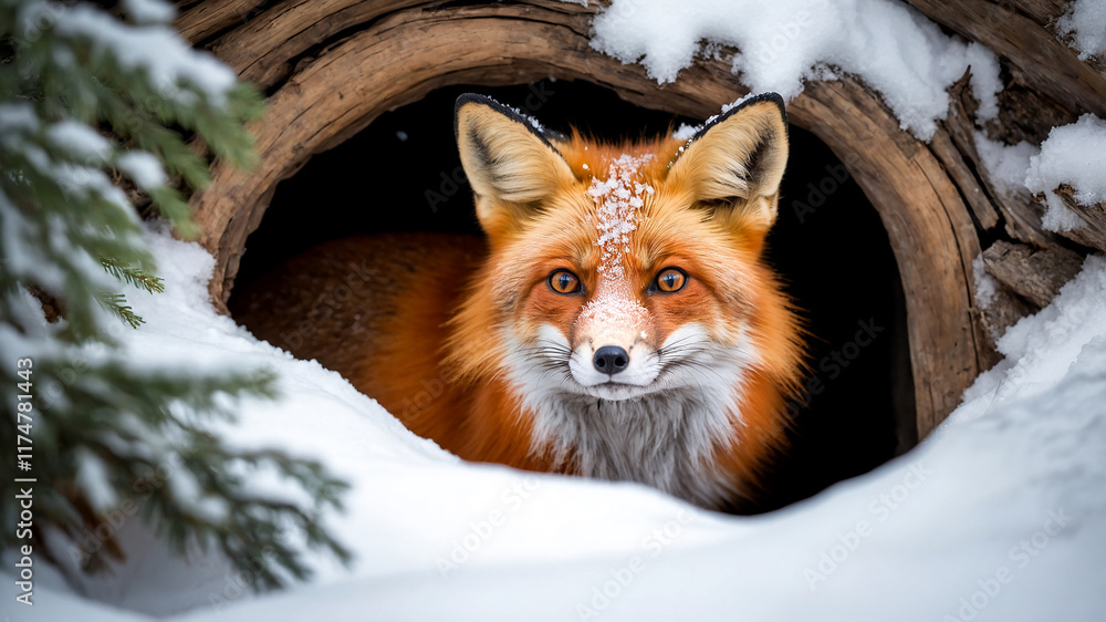 Red Fox Emerging from a Snow-Covered Den, Peering Into the Winter ...