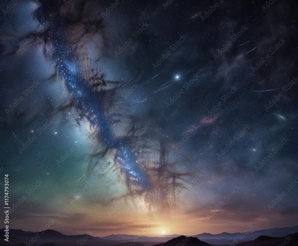 Watercolor calligraphy of Milky Way on starry sky background, sky ...