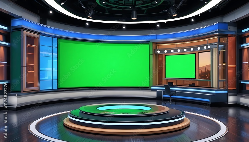 Modern TV Studio Set Design with Green Screen Background for News ...