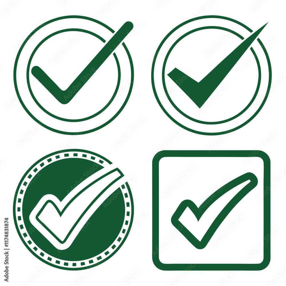 Green Tick and Check Mark Symbols -Hand-Drawn Vector Illustration Set. Isolated tick symbols ...