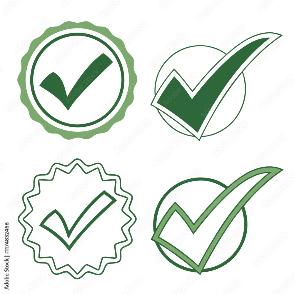 Green Tick and Check Mark Symbols -Hand-Drawn Vector Illustration Set. Isolated tick symbols ...