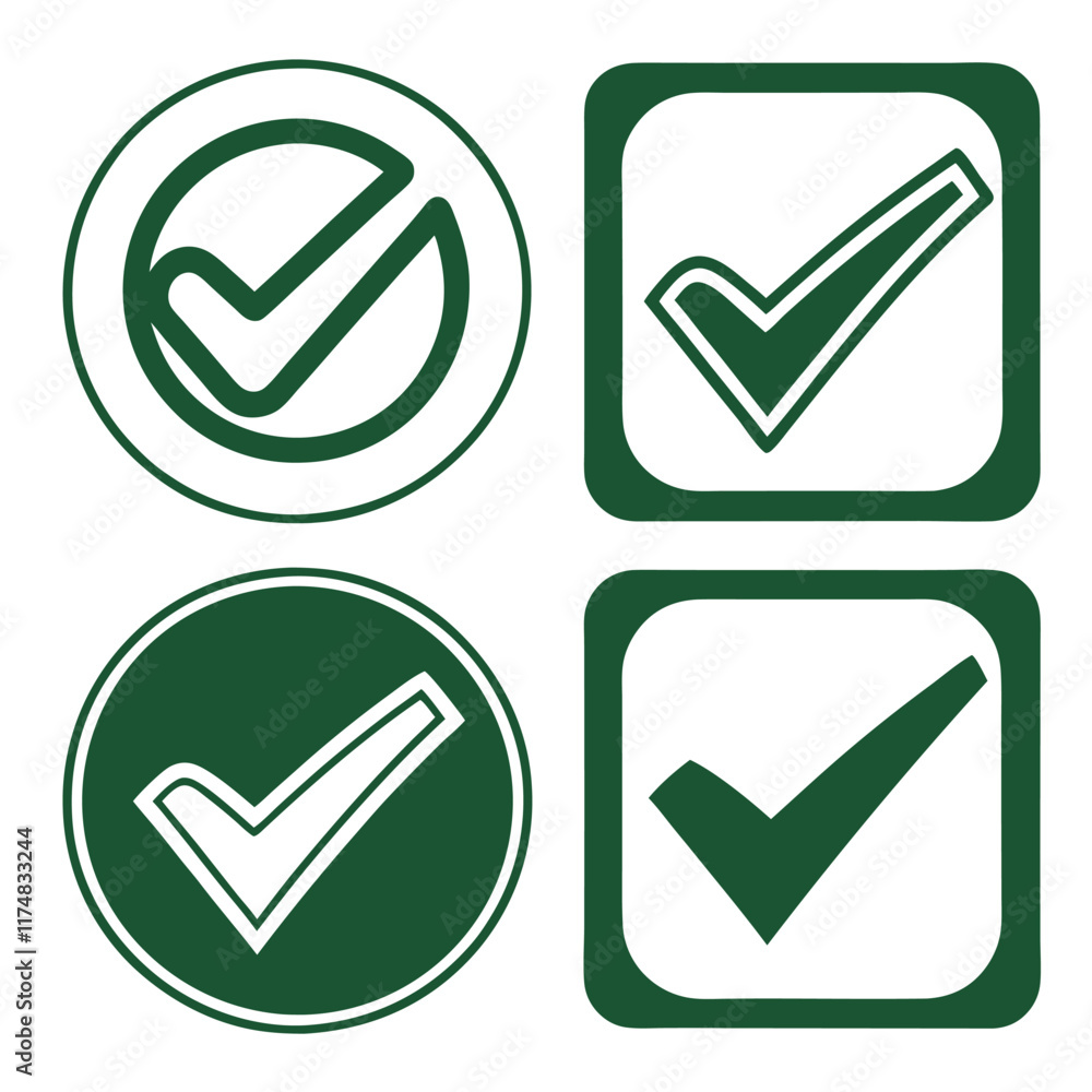 Green Tick and Check Mark Symbols -Hand-Drawn Vector Illustration Set. Isolated tick symbols ...