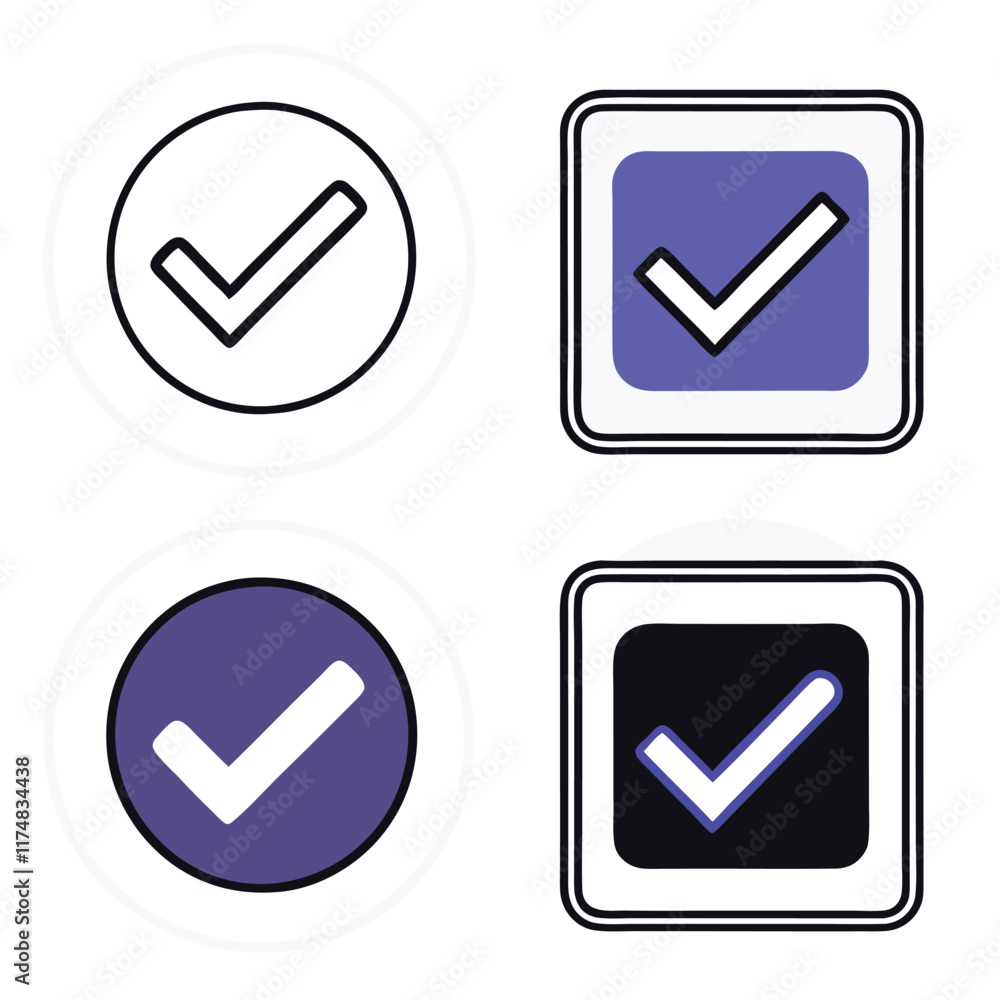 Elegant Check Mark Icons - Thin and Bold Line Approval Symbols in Black and Blue Variations ...