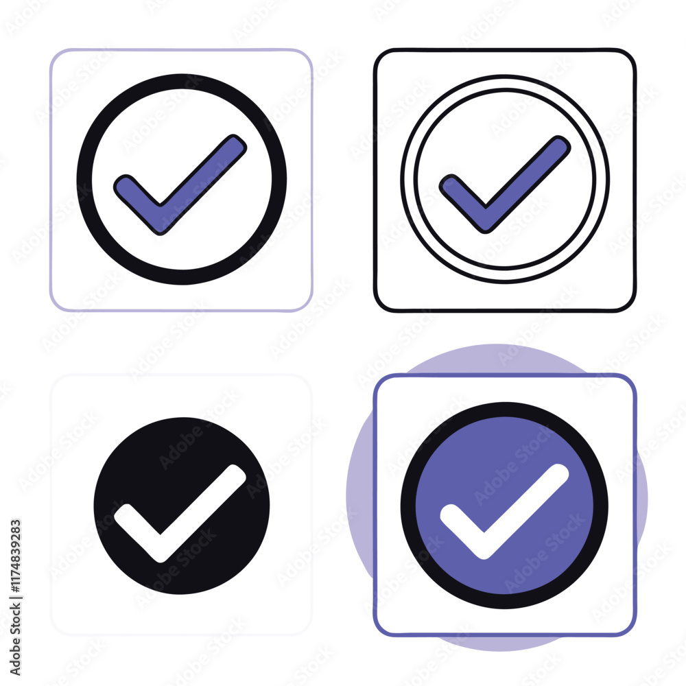 Elegant Check Mark Icons - Thin and Bold Line Approval Symbols in Black and Blue Variations ...