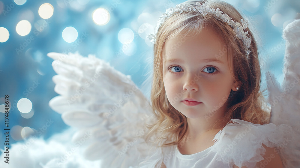 Little beautiful cute girl in angel costume with wings sits on cloud ...